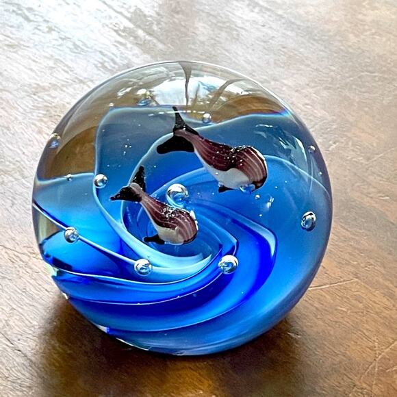 Unsigned | Art | Art Glass Paperweight With Tiny Swimming Orcas Waves ...